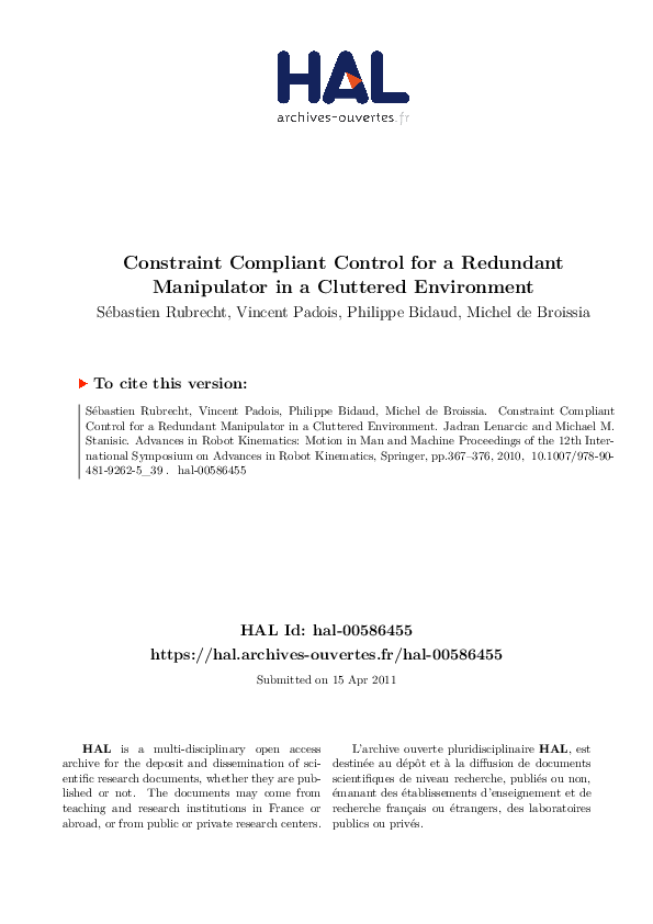 (PDF) Constraint Compliant Control for a Redundant Manipulator in a Cluttered Environment