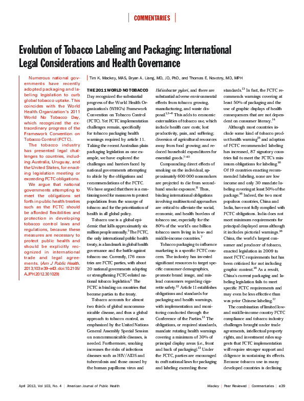 (PDF) Evolution of Tobacco Labeling and Packaging: International Legal ...