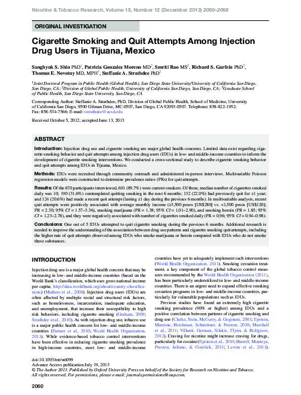 (PDF) Cigarette Smoking and Quit Attempts Among Injection Drug Users in ...