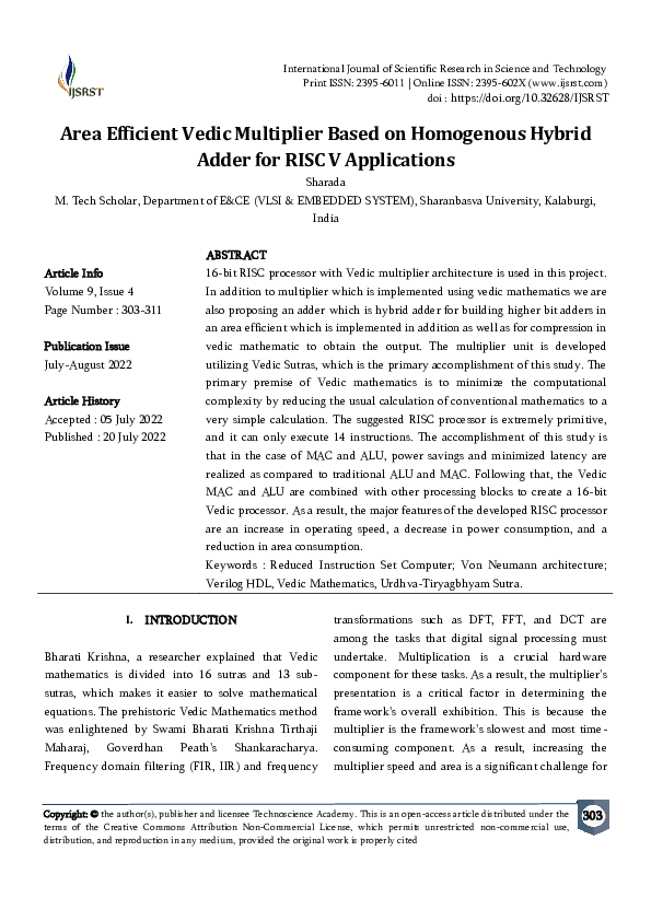 (PDF) Area Efficient Vedic Multiplier Based on Homogenous Hybrid Adder for RISC V Applications