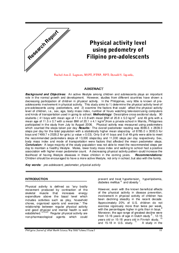 (PDF) Physical activity level using pedometry of Filipino pre-adolescents