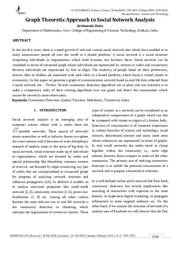 (PDF) IJSRST1841345 | Graph Theoretic Approach to Social Network Analysis