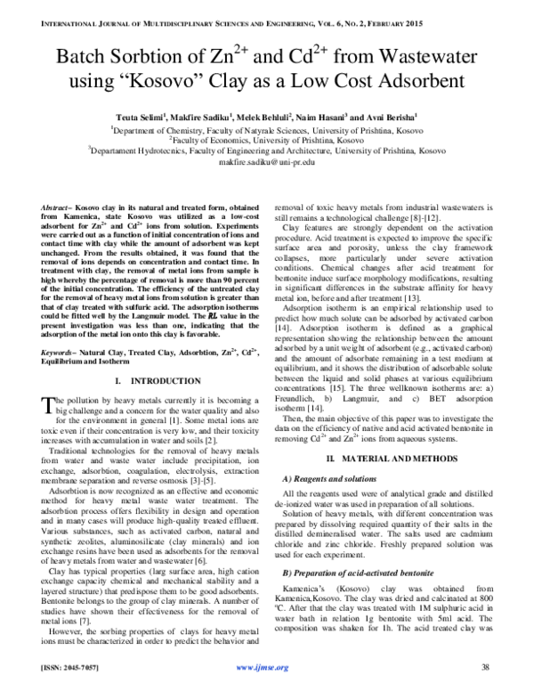 (PDF) Batch Sorbtion of Zn2+ and Cd2+ from Wastewater using “Kosovo ...
