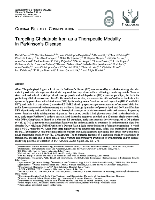 (PDF) Targeting Chelatable Iron as a Therapeutic Modality in Parkinson ...