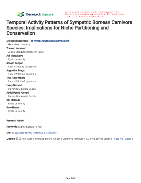 (PDF) Temporal Activity Patterns of Sympatric Bornean Carnivore Species: Implications for Niche ...