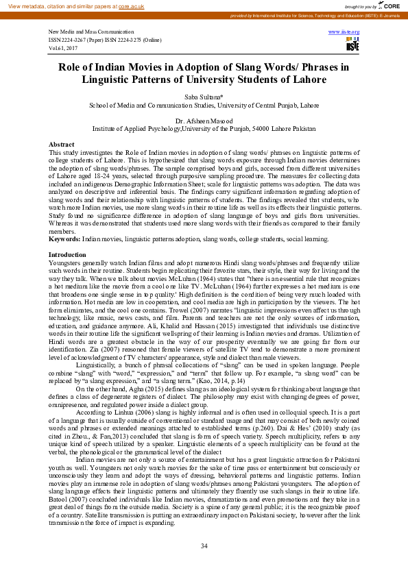 (PDF) Role of Indian Movies in Adoption of Slang Words/ Phrases in Linguistic Patterns of ...