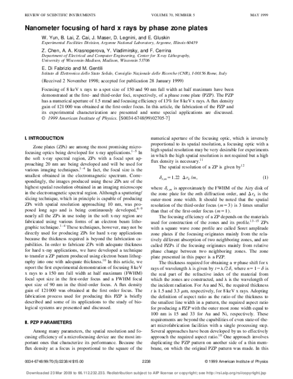 (PDF) Nanometer focusing of hard x rays by phase zone plates | enzo di ...