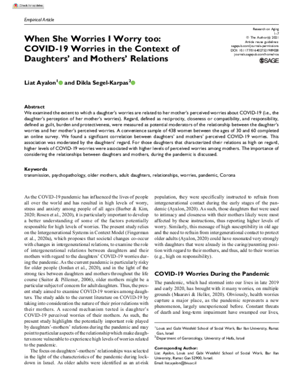 (PDF) When She Worries I Worry too: COVID-19 Worries in the Context of ...