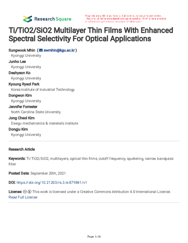 (PDF) Ti/TiO2/SiO2 Multilayer Thin Films With Enhanced Spectral Selectivity For Optical Applications