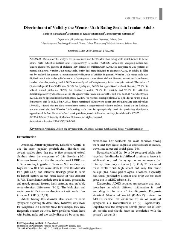 (PDF) Discriminant of validity the Wender Utah rating scale in Iranian ...