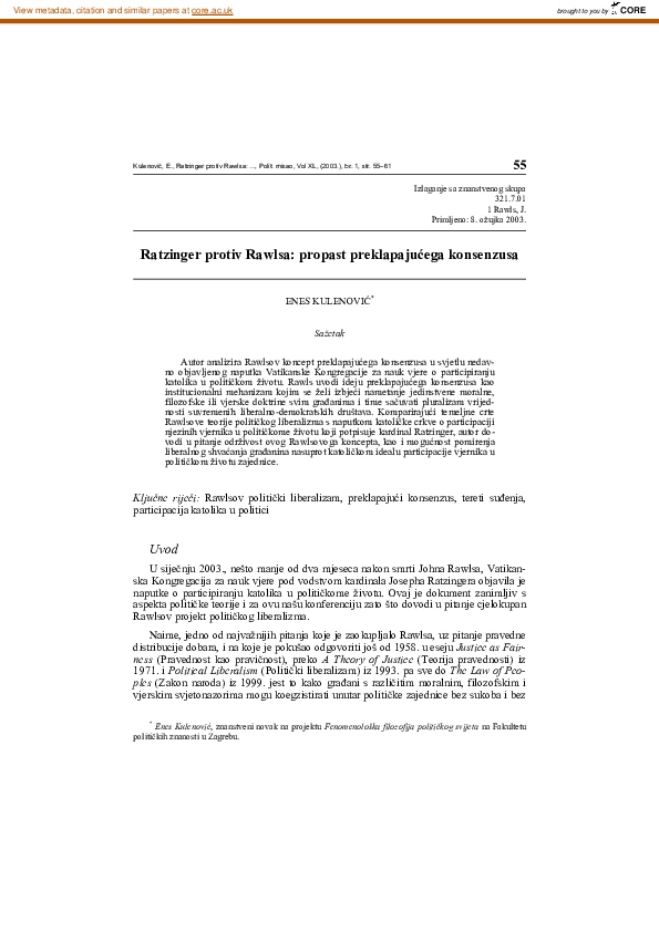 (PDF) Ratzinger vs Rawls: The Breakdown of the Overlapping Consensus