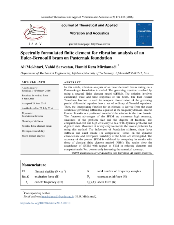 Pdf Spectrally Formulated Finite Element For Vibration Analysis Of An Euler Bernoulli Beam On
