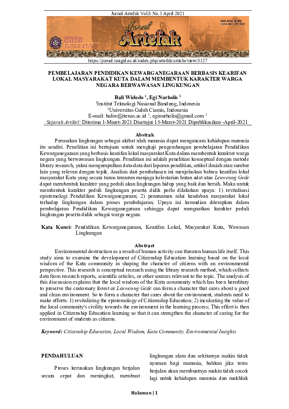 (PDF) Pembelajaran Pendidikan Kewarganegaraan Berbasis Kearifan Lokal Masyarakat Kuta Dalam ...