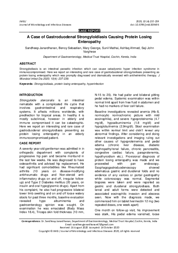 (PDF) A Case of Gastroduodenal Strongyloidiasis Causing Protein Losing ...