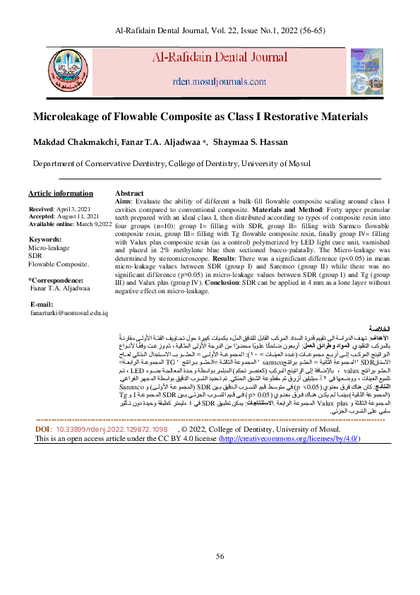 Pdf Microleakage Of Flowable Composite As Class I Restorative Materials