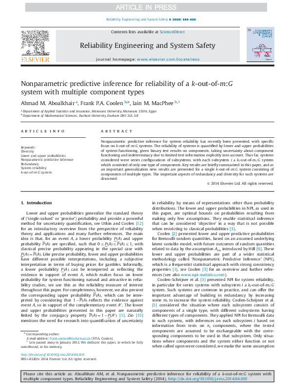 (PDF) Nonparametric predictive inference for reliability of a k-out-of-m:G system with multiple ...