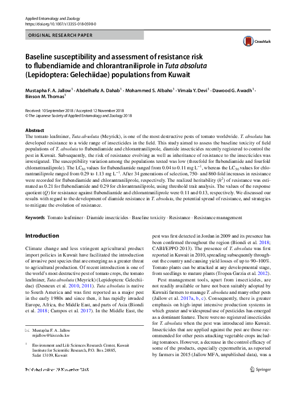 (PDF) Baseline susceptibility and assessment of resistance risk to flubendiamide and ...