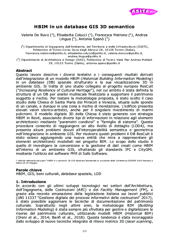 (PDF) HBIM in un database GIS 3D semantico