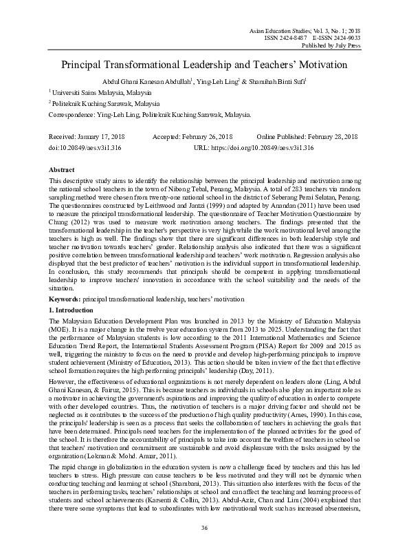 (PDF) Principal Transformational Leadership and Teachers’ Motivation