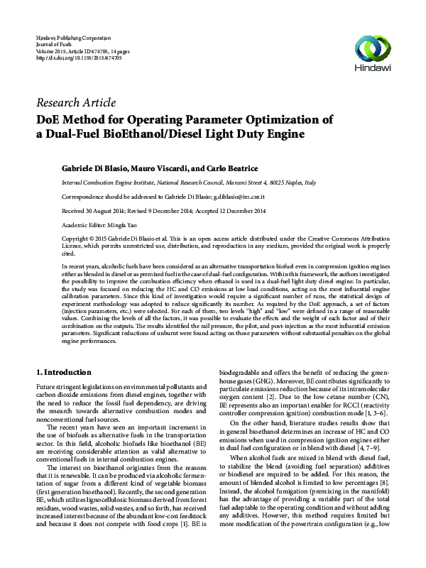 (PDF) DoE Method for Operating Parameter Optimization of a Dual-Fuel BioEthanol/Diesel Light ...