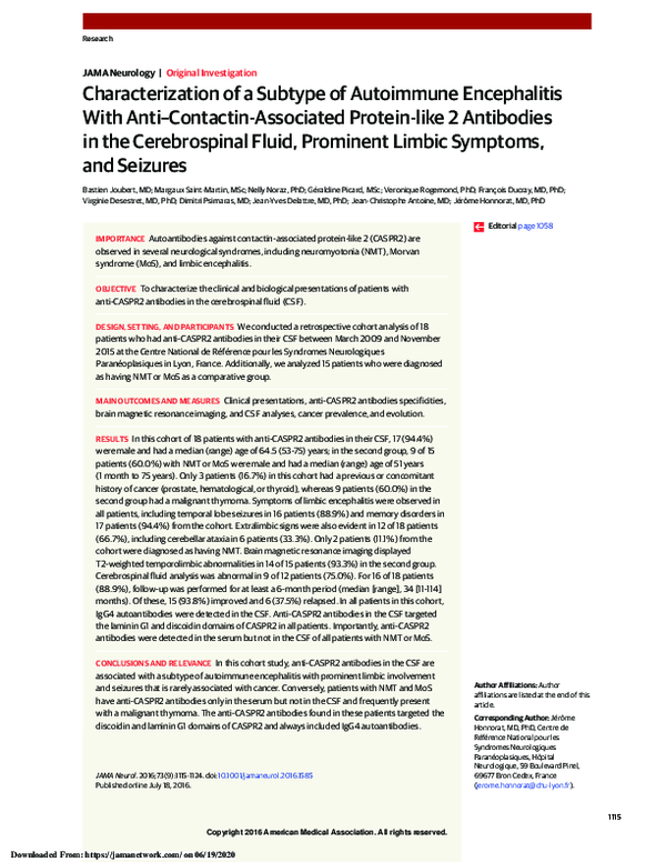 (PDF) Characterization of a Subtype of Autoimmune Encephalitis With ...