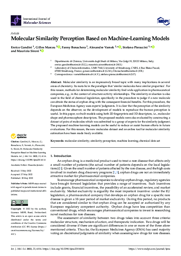 (PDF) Molecular Similarity Perception Based on Machine-Learning Models ...