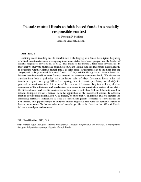 Islamic Mutual Funds as Faith-Based Funds in a Socially Responsible Context