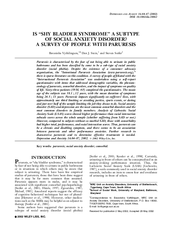 (PDF) Is ?shy bladder syndrome? a subtype of social anxiety disorder? A ...