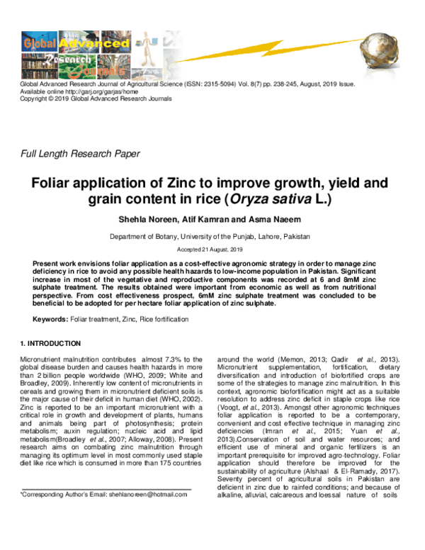 Pdf Foliar Application Of Zinc To Improve Growth Yield And Grain