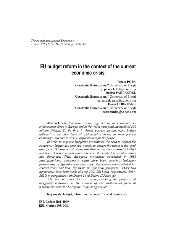 (PDF) EU budget reform in the context of the current economic crisis