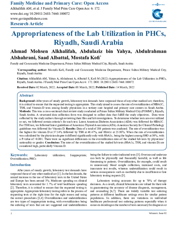 (PDF) Appropriateness of the Lab Utilization in PHCs, Riyadh, Saudi Arabia