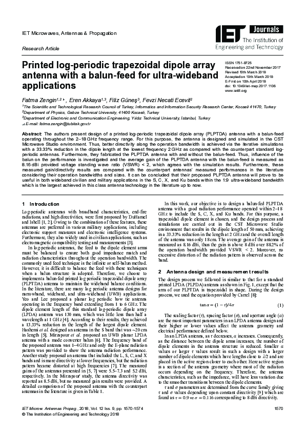 (PDF) Printed log-periodic trapezoidal dipole array antenna with a balun-feed for ultra-wideband ...