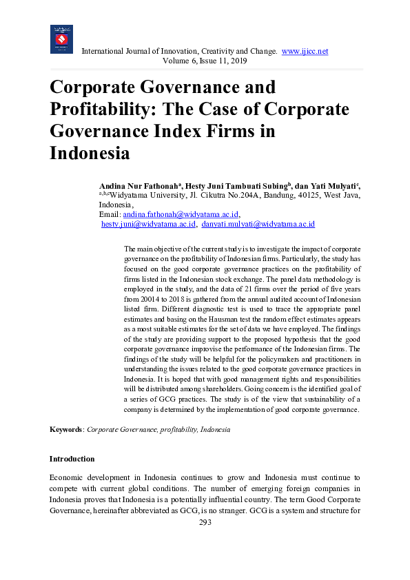 (PDF) Corporate Governance and Profitability: The Case of Corporate Governance Index Firms in ...