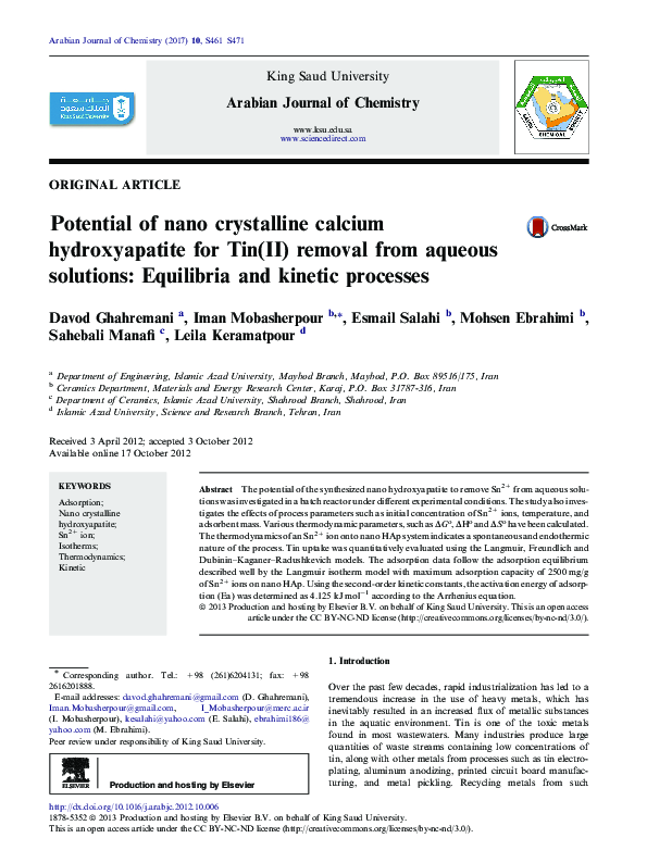 (PDF) Potential of nano crystalline calcium hydroxyapatite for Tin(II ...