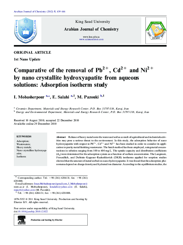 (PDF) Comparative of the removal of Pb2+, Cd2+ and Ni2+ by nano crystallite hydroxyapatite from ...