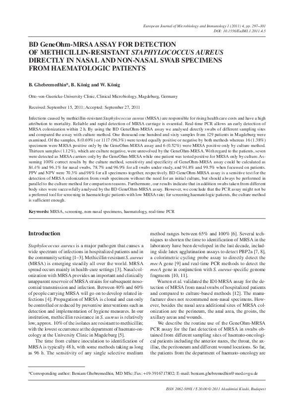 (PDF) BD GeneOhm-MRSA assay for detection of methicillin-resistant Staphylococcus aureus ...