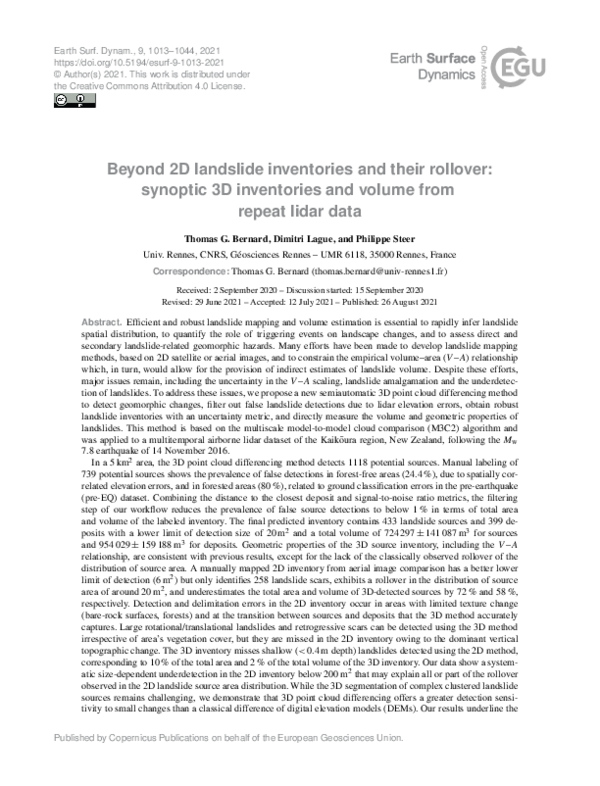 Pdf Beyond 2d Landslide Inventories And Their Rollover Synoptic 3d Inventories And Volume