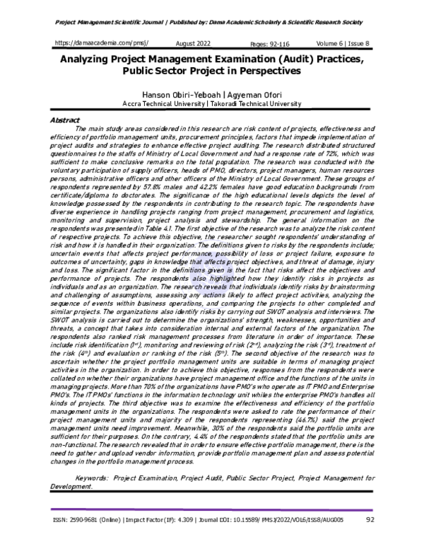 (PDF) Analyzing Project Management Examination (Audit) Practices, Public Sector Project in ...