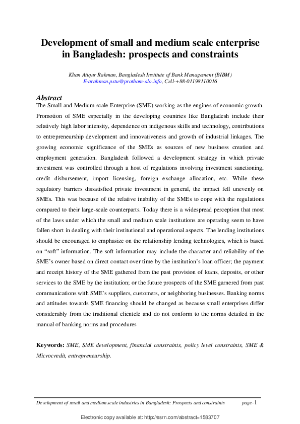(PDF) Development of Small and Medium Scale Enterprise in Bangladesh: Prospects and Constraints