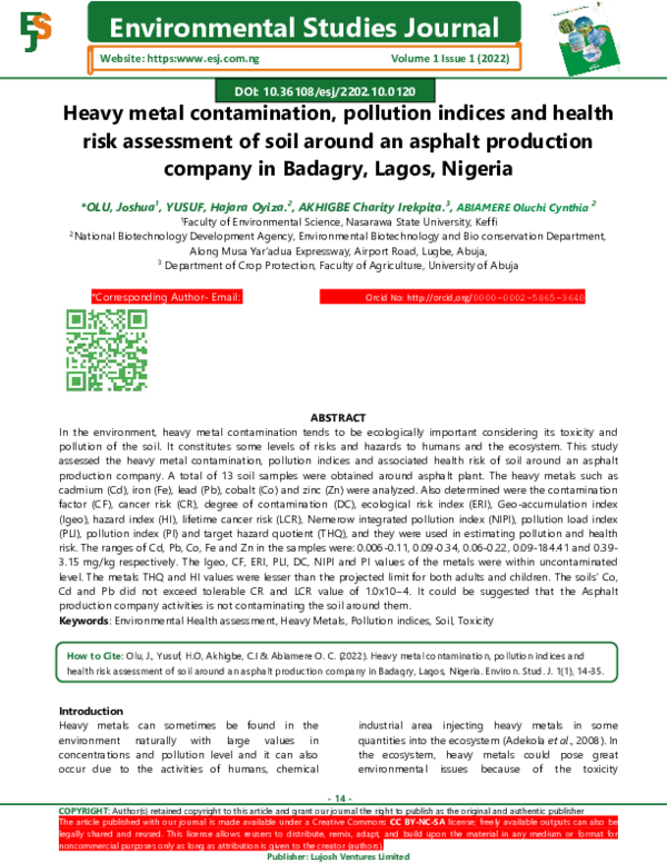 (PDF) Heavy metal contamination, pollution indices and health risk ...