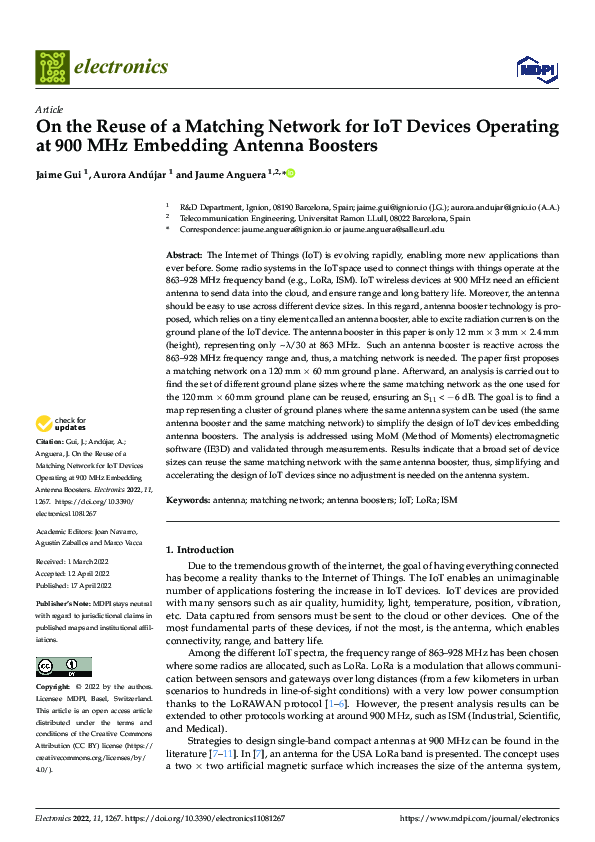 Pdf On The Reuse Of A Matching Network For Iot Devices Operating At 900 Mhz Embedding Antenna