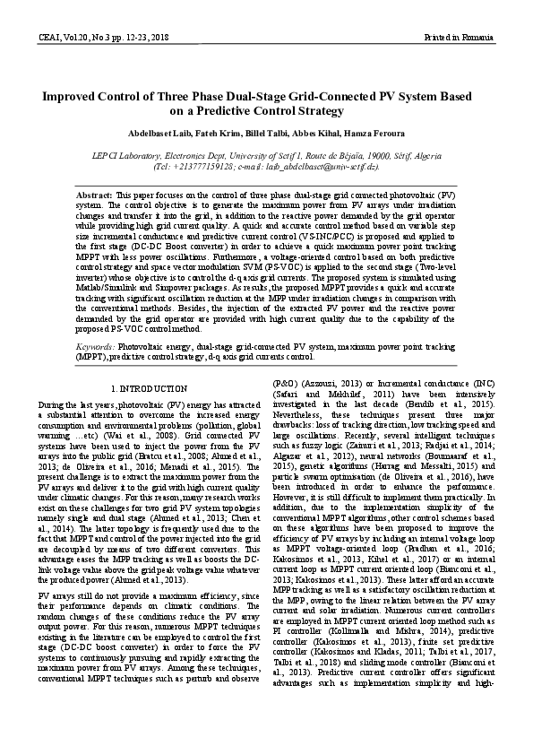 (PDF) Improved Control for Three Phase dual-Stage Grid-Connected PV Systems Based on Predictive ...