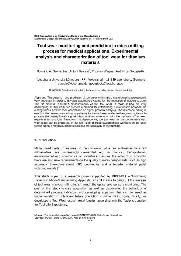 (PDF) Tool wear monitoring and prediction in micro milling process for ...
