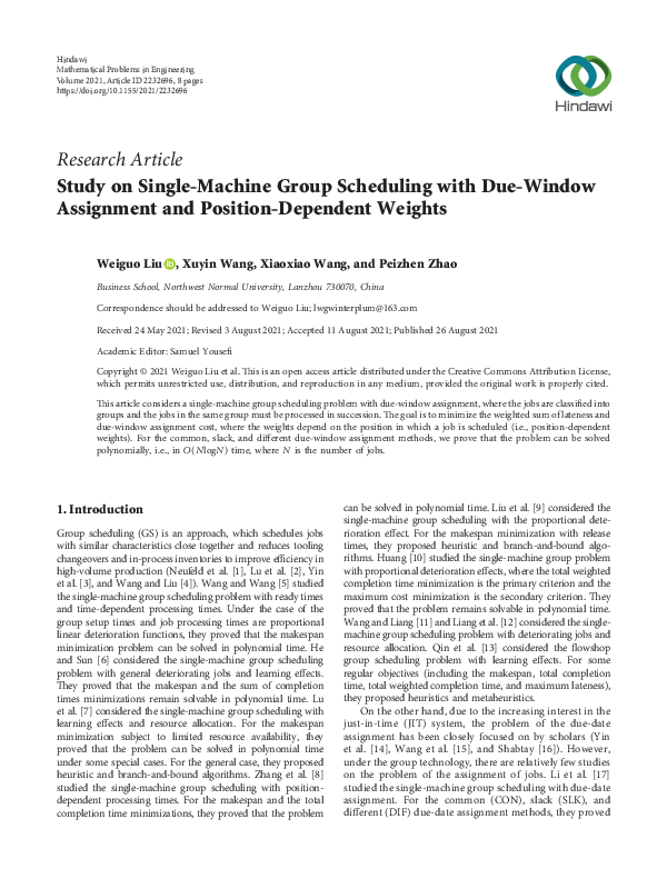 (PDF) Study on Single-Machine Group Scheduling with Due-Window Assignment and Position-Dependent ...