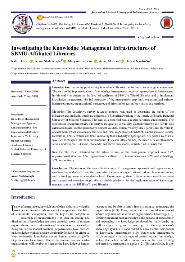 (PDF) Investigating the Knowledge Management Infrastructures of SBMU-Affiliated Libraries