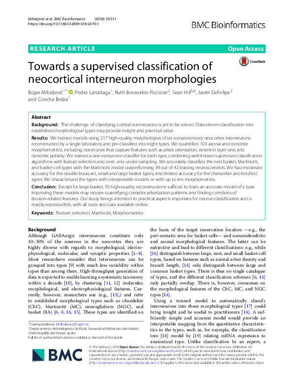 (PDF) Towards a supervised classification of neocortical interneuron morphologies
