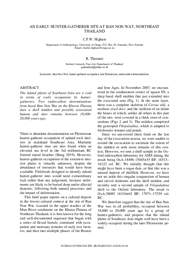 (PDF) An early hunter-gatherer site at Ban Non Wat, Northeast Thailand