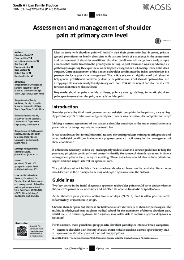 (PDF) Assessment and management of shoulder pain at primary care level