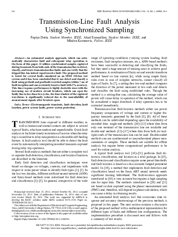 Pdf Transmission Line Fault Analysis Using Synchronized Sampling