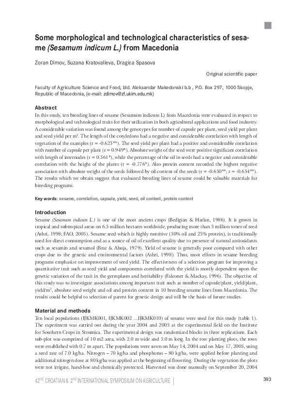 (PDF) Some morphological and technological characteristics of sesame (Sesamum indicum L.) from ...
